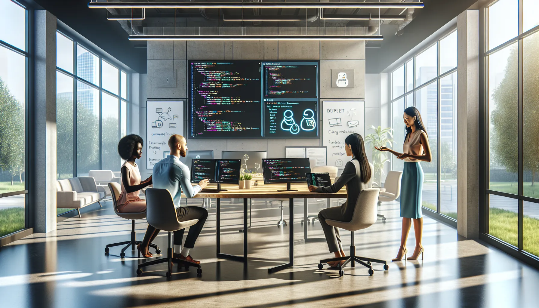 diverse team using Bvostfus software in a modern office.