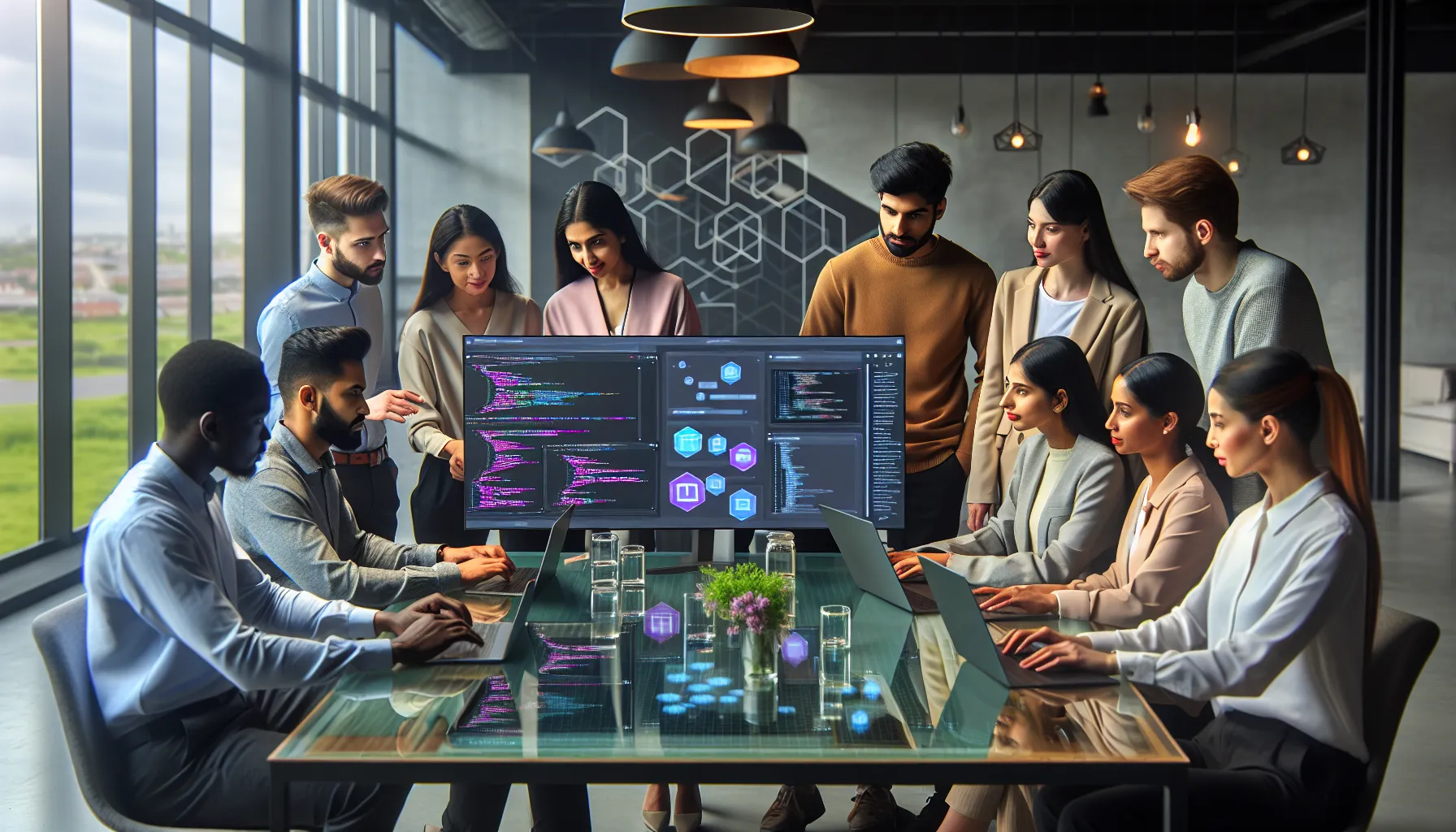 diverse software developers collaborating in a modern workspace.